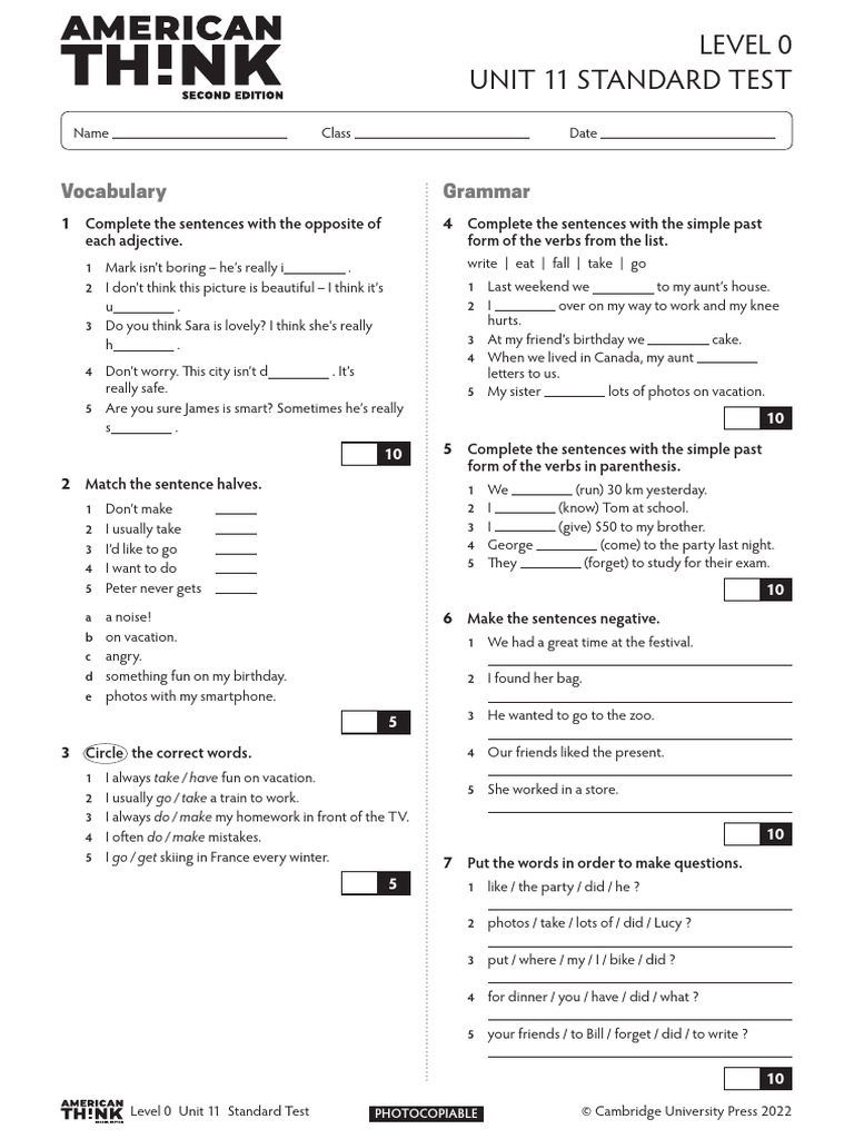 American Think Standart Test - Level 0 - Unit 11 | PDF