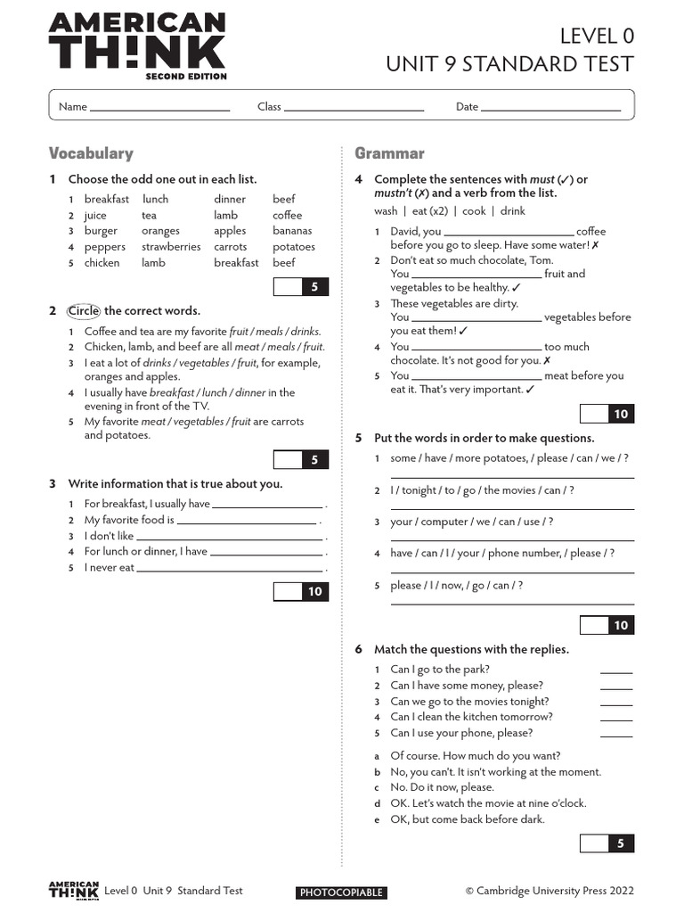 American Think Standart Test - Level 0 - Unit 9 | PDF