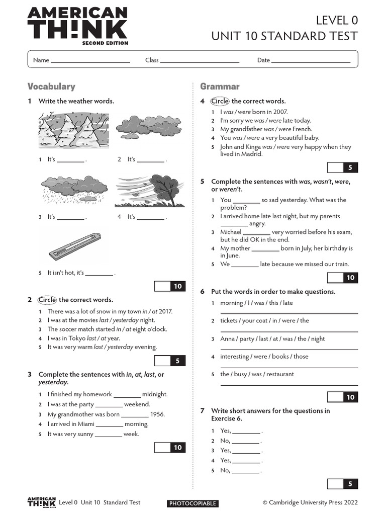 American Think Standart Test - Level 0 - Unit 10 | PDF