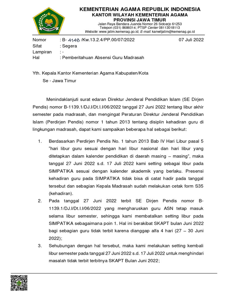 Surat Pemberitahuan Absensi Guru | PDF