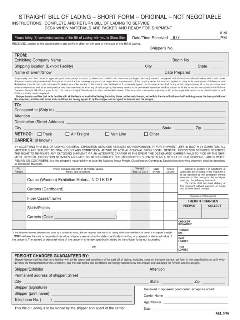 Straight Bill of Lading Short Form Original Not Negotiable | PDF