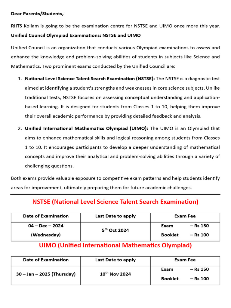 NSTSE & UIMO - Instructions 2024 - 25 | PDF