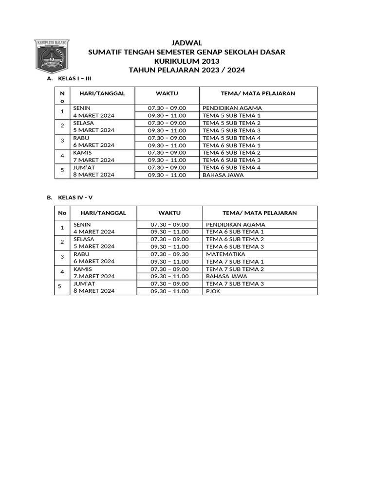 Jadwal STS Ii Th. 2024 | PDF