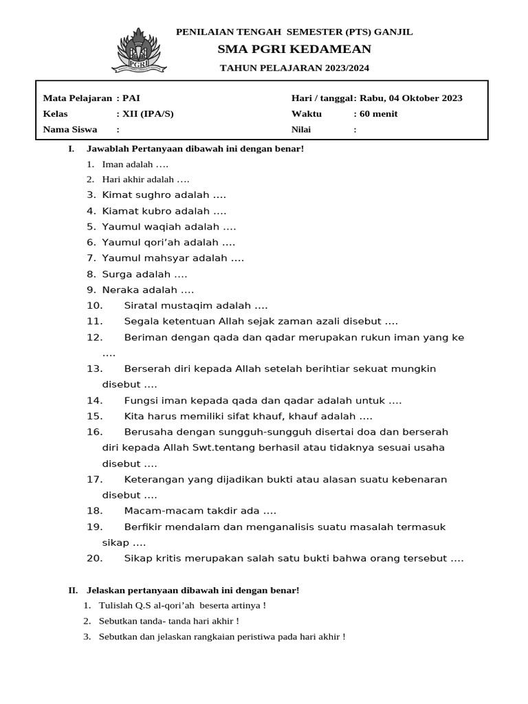 Soal Pts Ganjil Pai Kelas Xii 2023-2024 | PDF