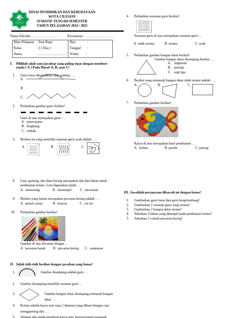 Soal Sts I Seni Rupa 2024-2025 | PDF