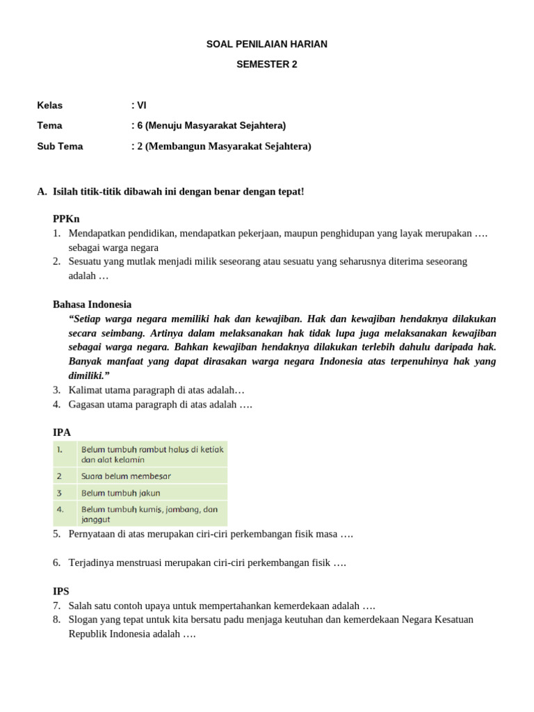 SOAL dan KUNCI PH TEMA 6 ST 2 | PDF