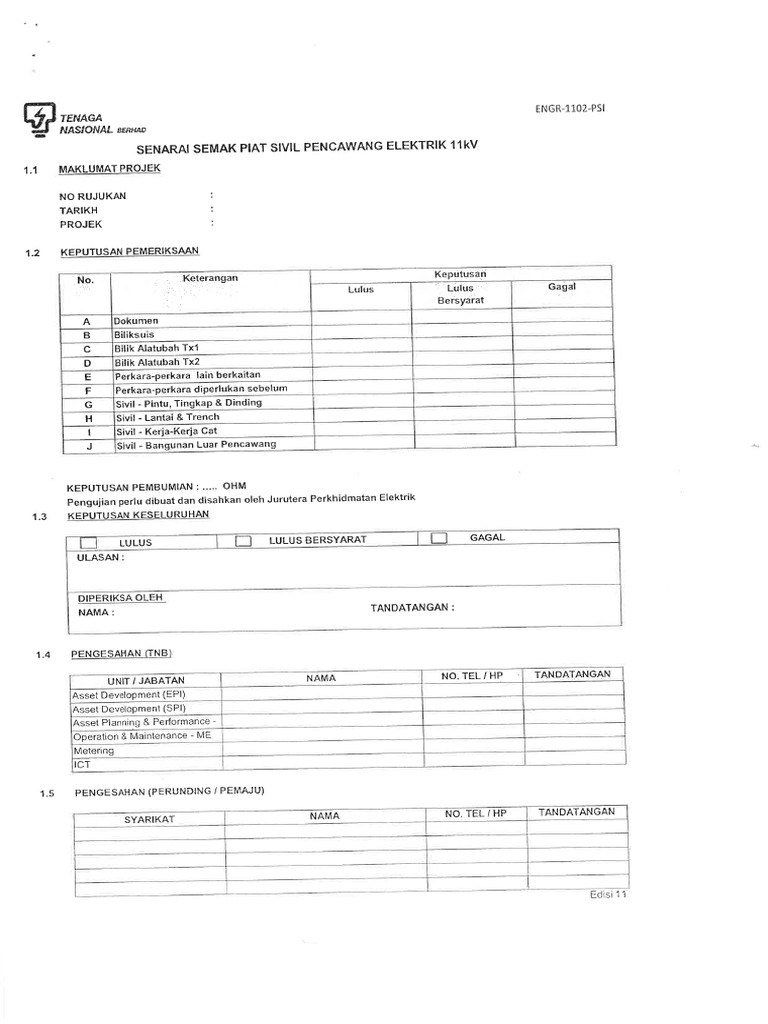 CHECKLIST PIAT TNB 11kV | PDF