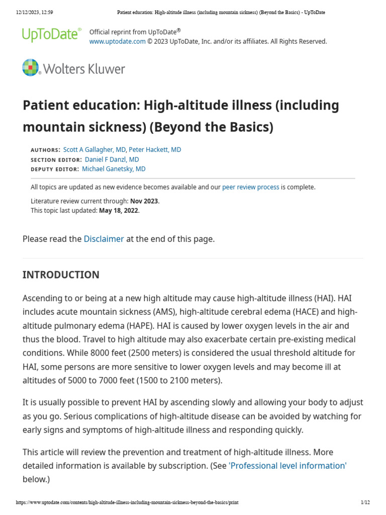 Patient Education - High-Altitude Illness (Including Mountain Sickness) (Beyond The Basics ...