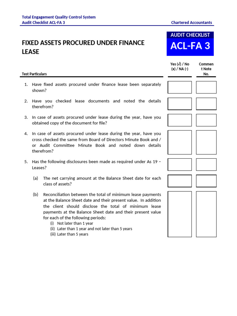 ACL-FA 3 Checklist for Fixed Assets procured under Finance Lease | PDF