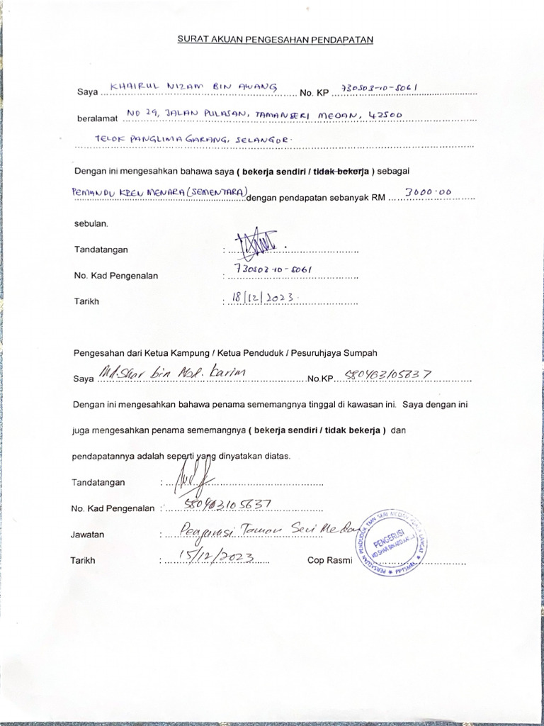 SURAT AKUAN PENGESAHAN PENDAPATAN | PDF