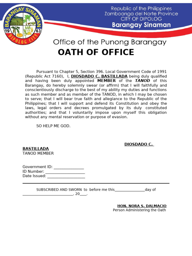 TANOD OATH OF OFFICE | PDF