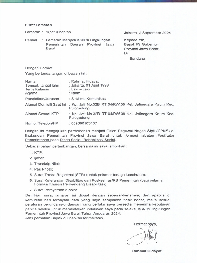 Surat Lamaran Rahmat Hidayat | PDF