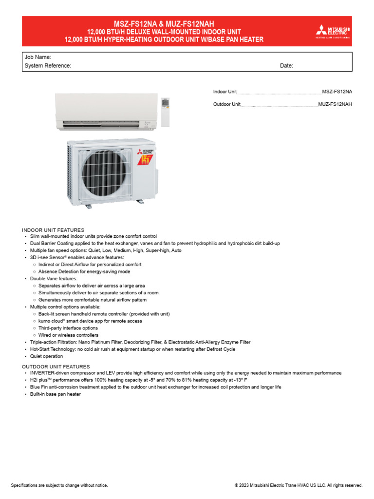 M SUBMITTAL MSZ-FS12NA MUZ-FS12NAH en | PDF | Air Conditioning | Thermodynamics