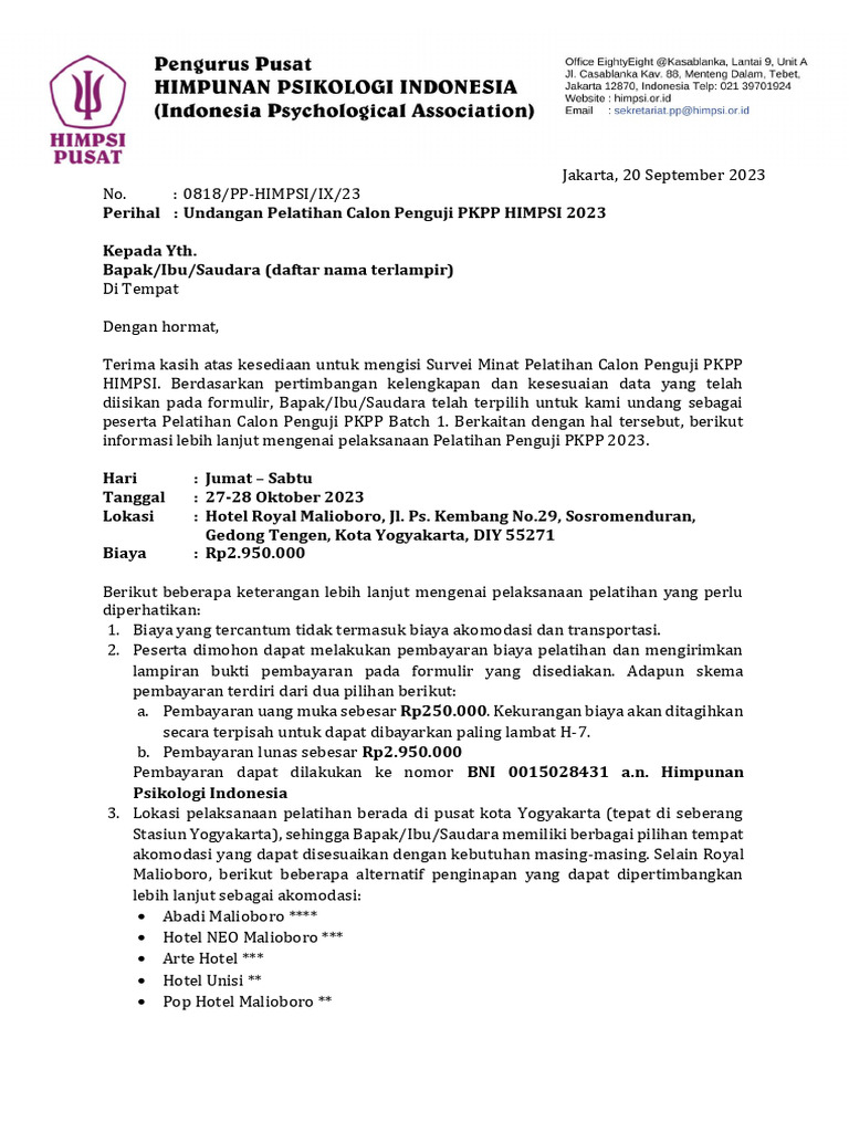 Undangan Pelatihan Calon Penguji PKPP HIMPSI 2023 | PDF