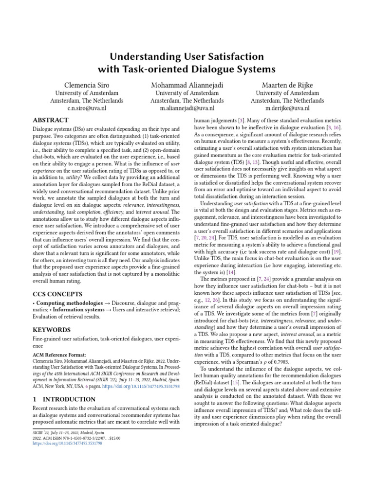 Understanding User Satisfaction With Task-Oriented Dialogue Systems | PDF