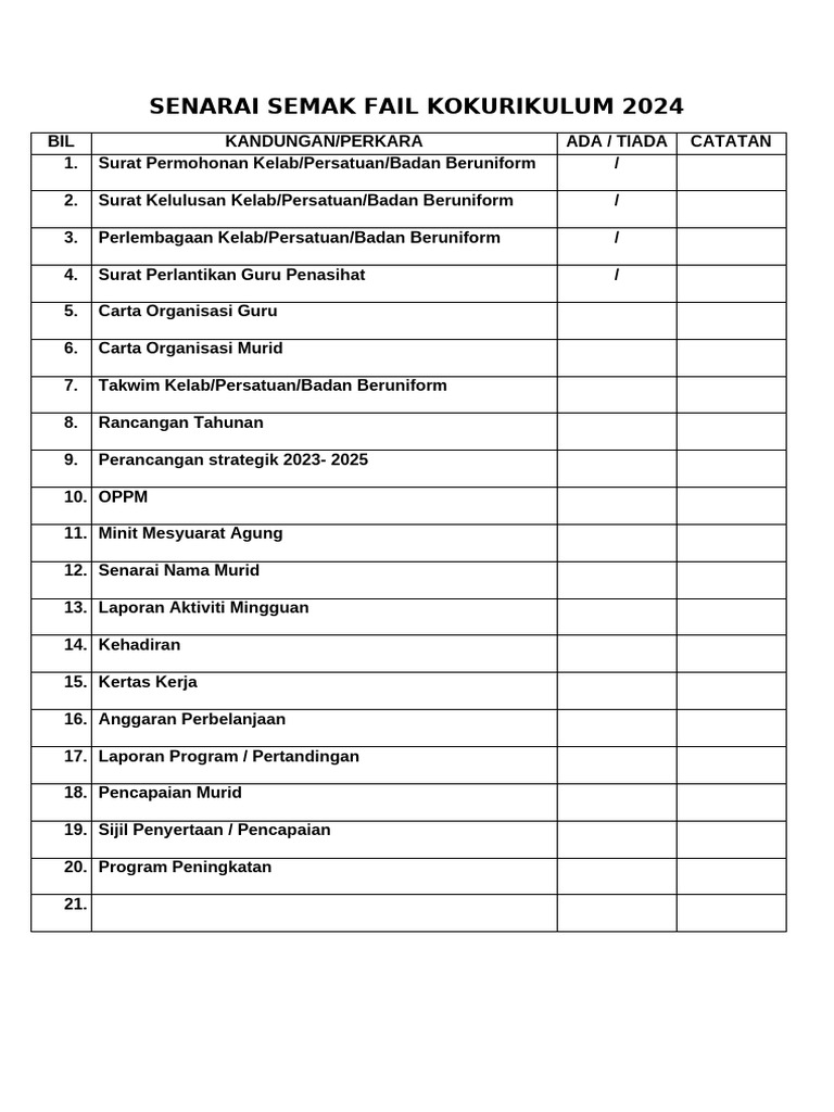 Senarai Semak Fail Kokurikulum 2024 | PDF