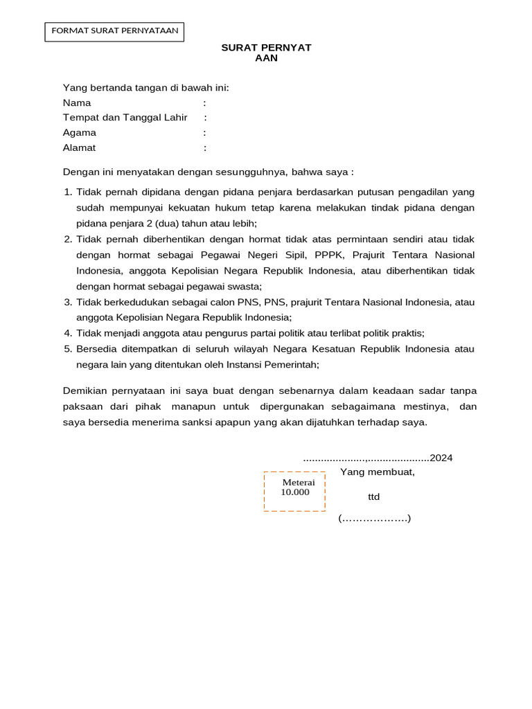 Contoh Format Surat Persyaratan PPPK 2024 Prov Kepri | PDF