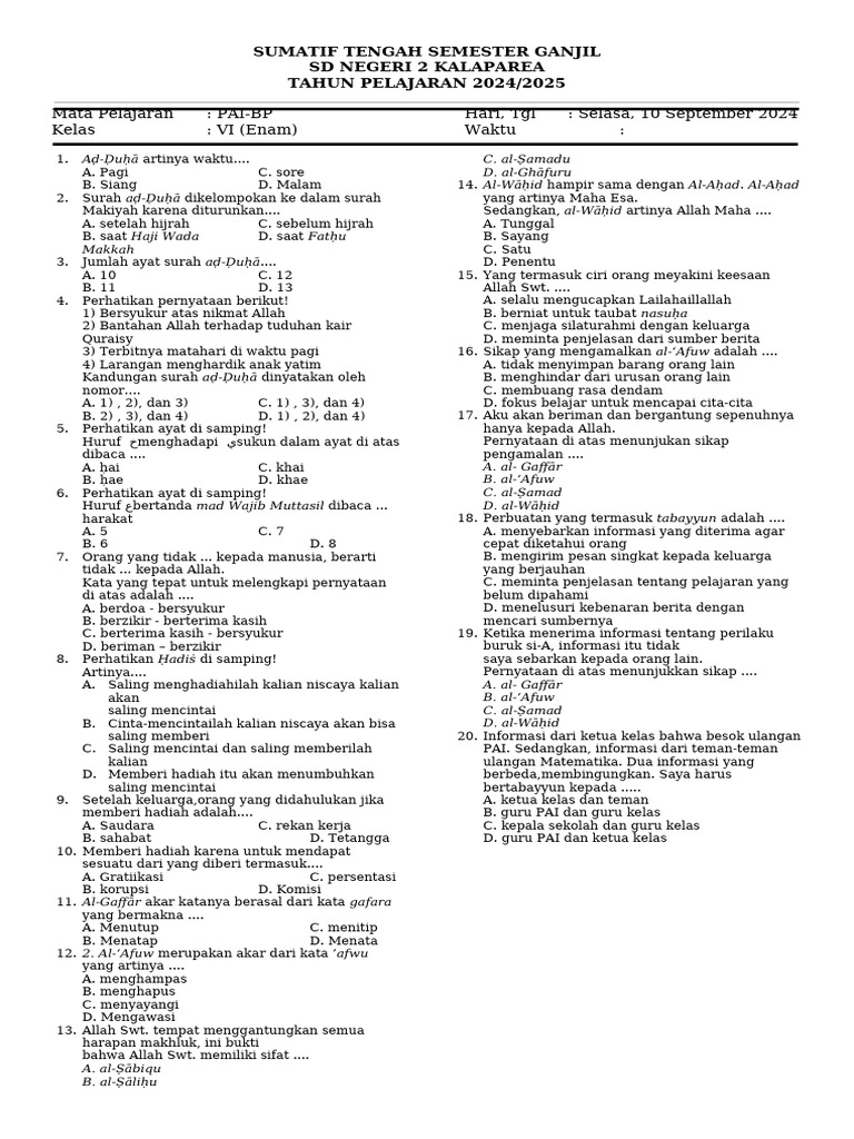 SUMATIF TENGAH SEMESTER GANJIL KELAS 6 | PDF