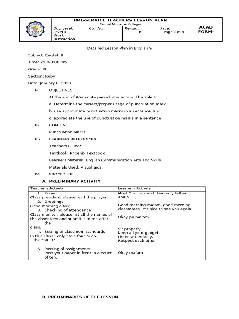 Punctuation Marks Lesson Plan | PDF