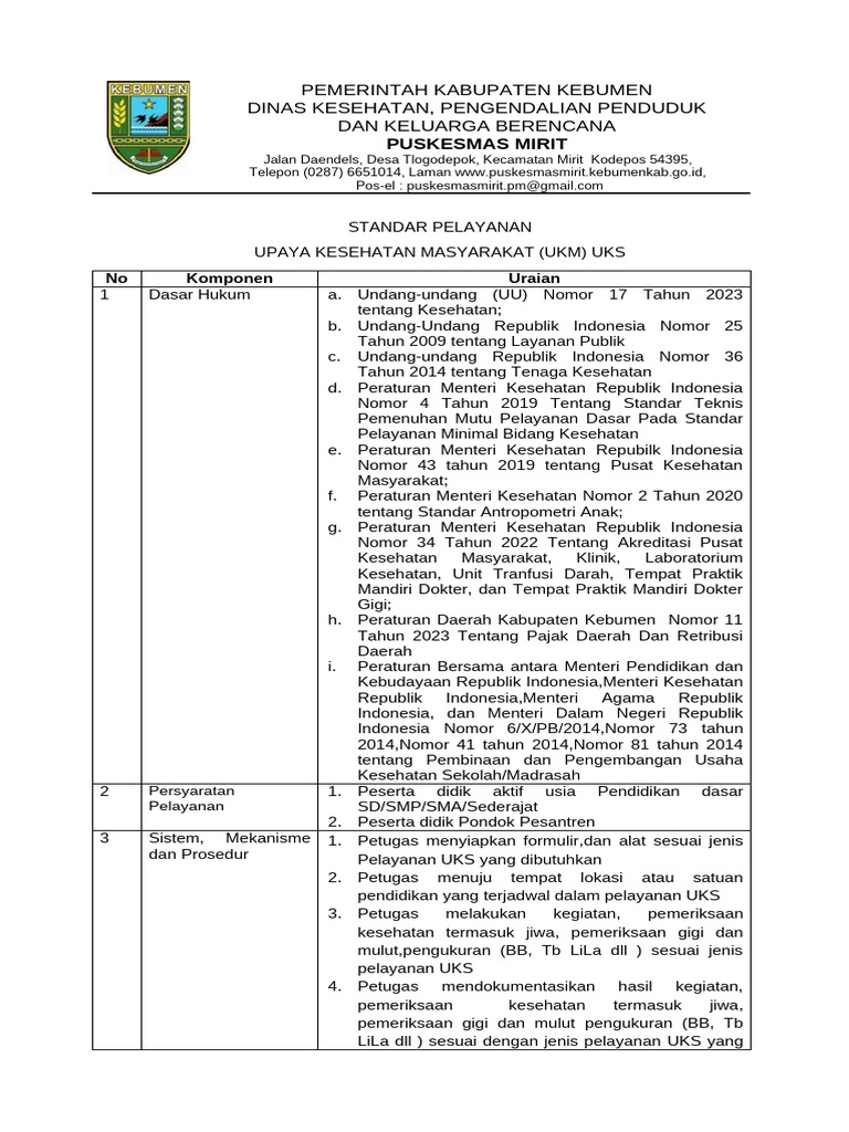 Standar Pelayanan Ukm Uks | PDF