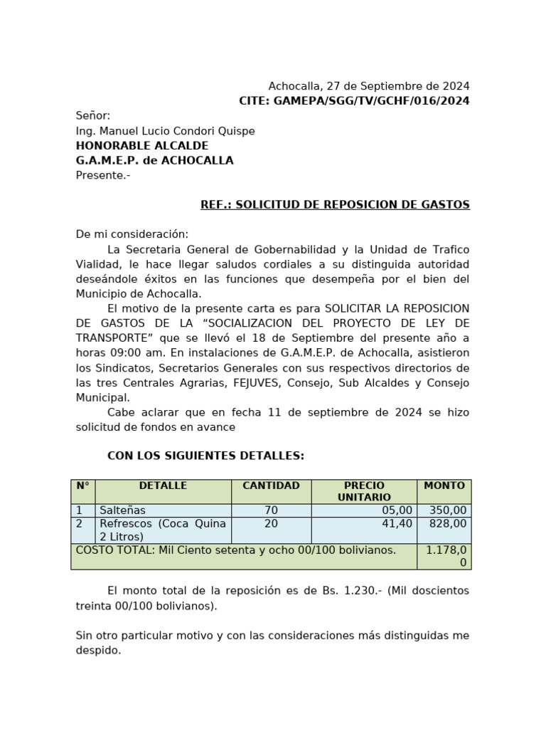 Solicitud de Reposicion | PDF