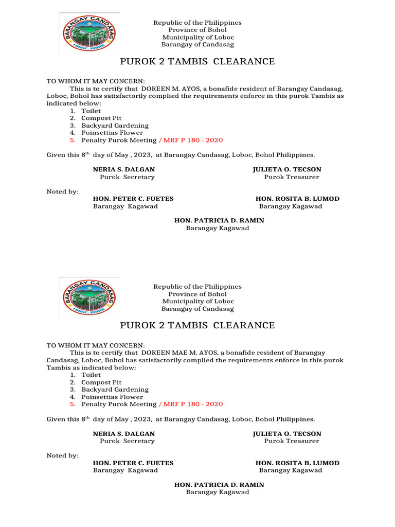 Purok Mangga Clearance | PDF