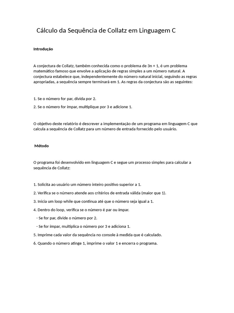 Cálculo Da Sequência de Collatz em Linguagem C | PDF