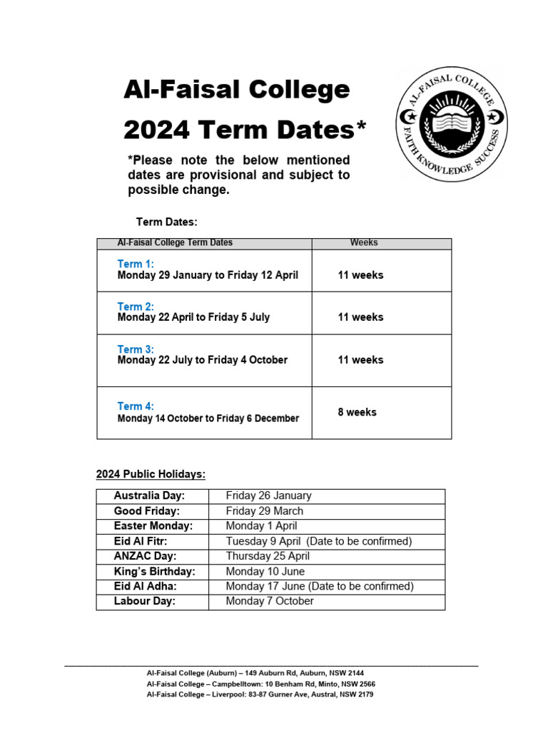2024 Term Dates For Parents | PDF