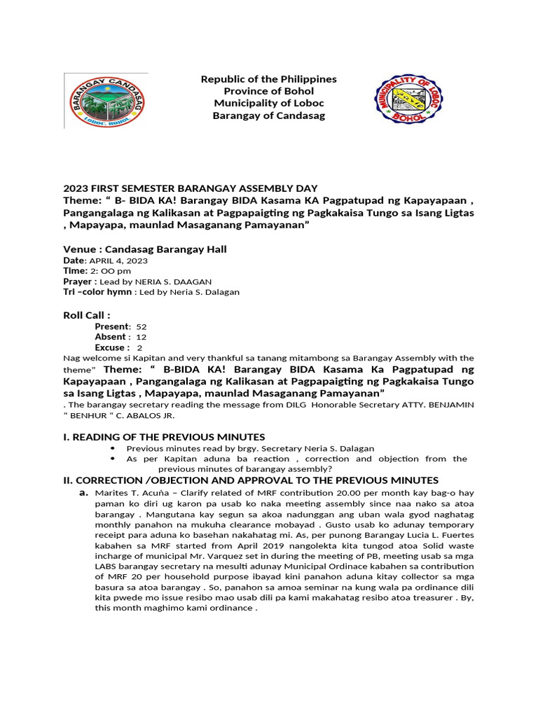 barangay assembly april 4, 2023 | PDF