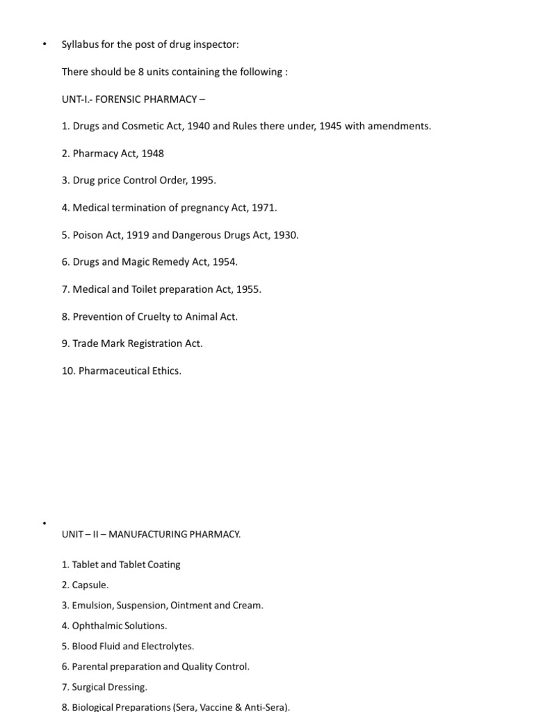 Drug Inspector Exam Syllabus | PDF