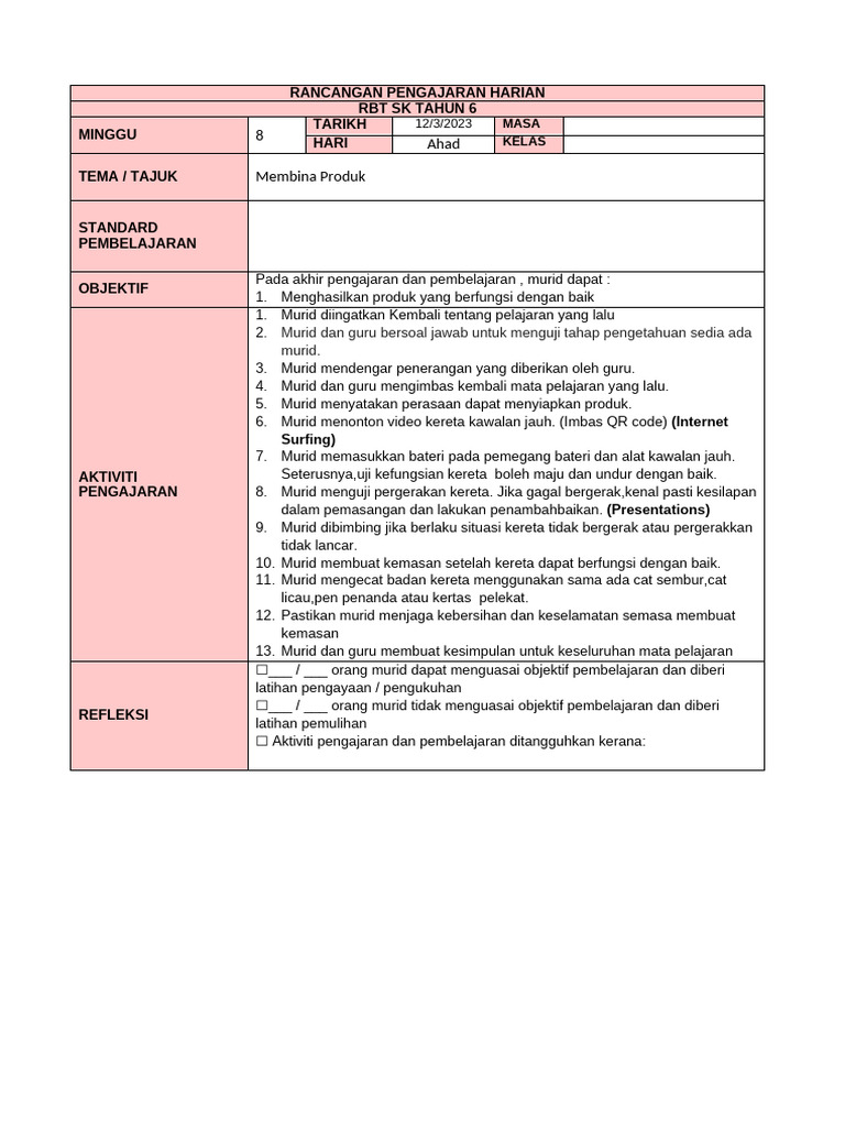 RPH Ringkas Minggu 8 RBT THN 6 2023 by Cikgu Gorgeous | PDF