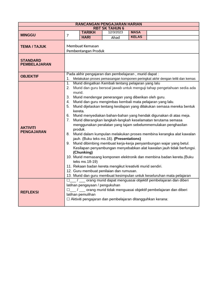 RPH RINGKAS MINGGU 7 RBT THN 6 2023 BY CIKGU GORGEOUS | PDF