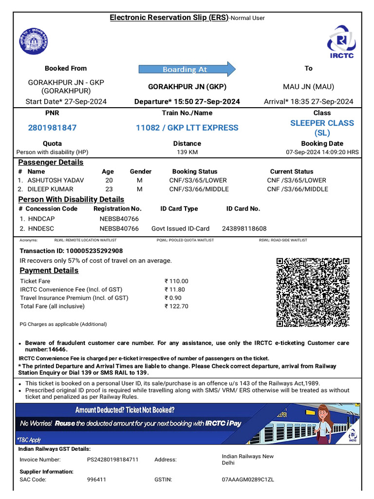 GKP LTT Express Sleeper Class (SL) : Electronic Reservation Slip (ERS) | PDF
