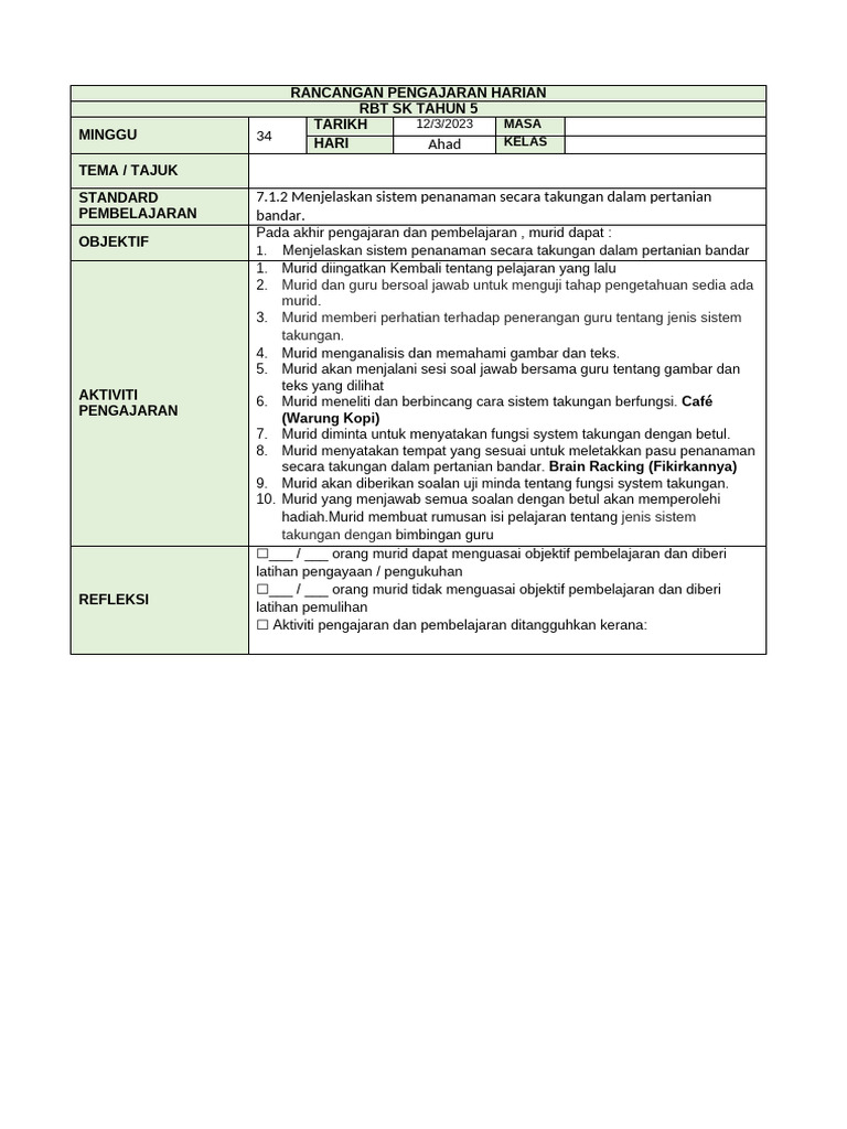 RPH RINGKAS MINGGU 34 RBT THN 5 2023 BY CIKGU GORGEOUS | PDF
