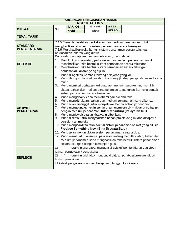 RPH Ringkas Minggu 38 RBT THN 5 2023 by Cikgu Gorgeous | PDF