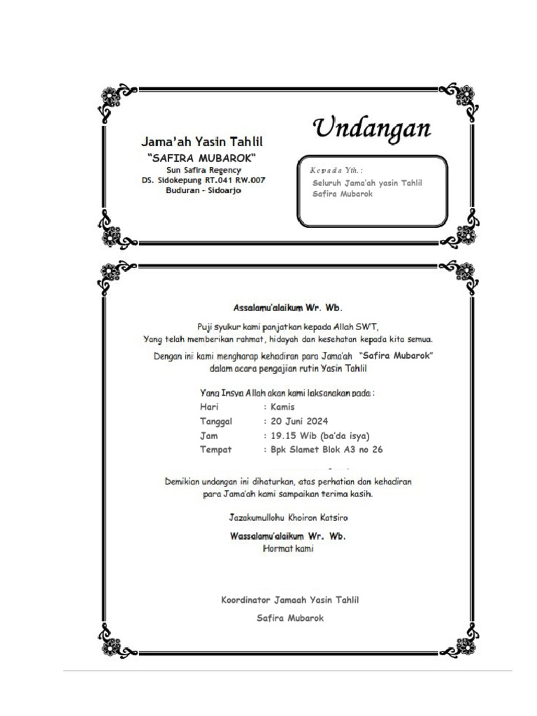 Undangan Yasin Tahlil BPK Slamet | PDF