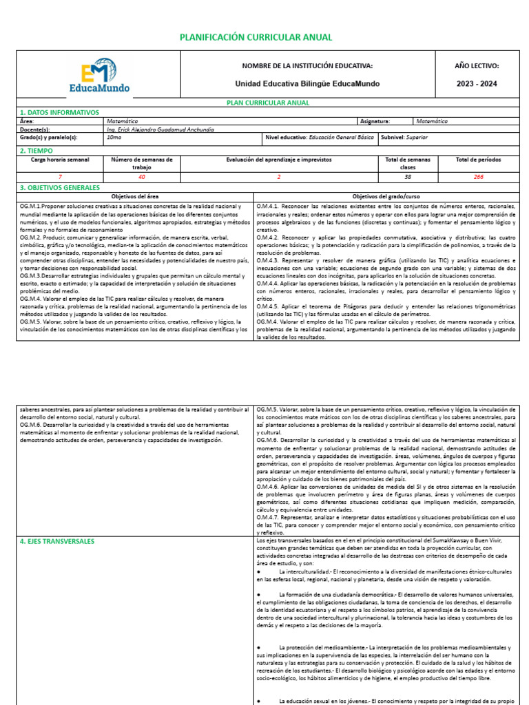 PCA 10mo EGB Matemática 2023-2024 | PDF