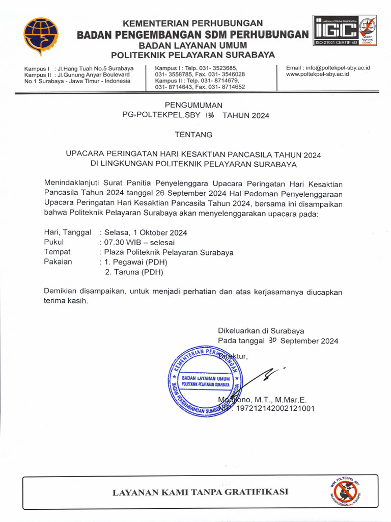 PG Tentang Upacara Peringatan Hari Kesaktian Pancasila Tahun 2024 Dilingkungan Politeknik ...