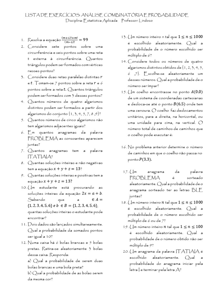 Lista An-Lise Combinat-Ria e Probabilidade. | PDF