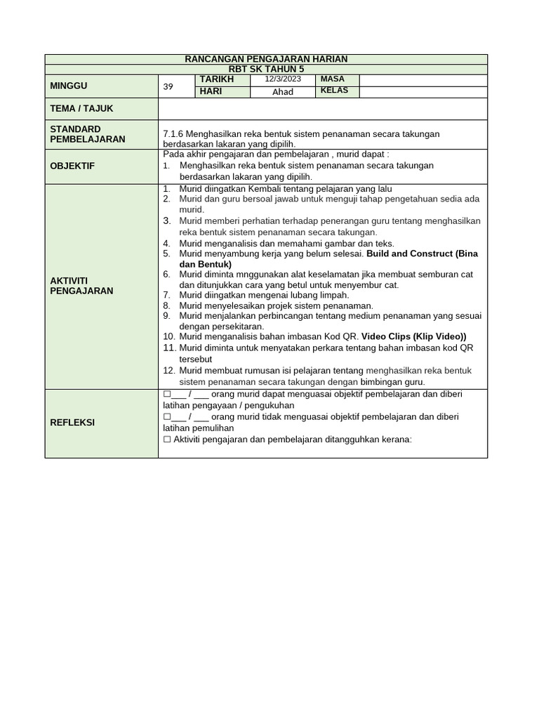 RPH Ringkas Minggu 39 RBT THN 5 2023 by Cikgu Gorgeous | PDF