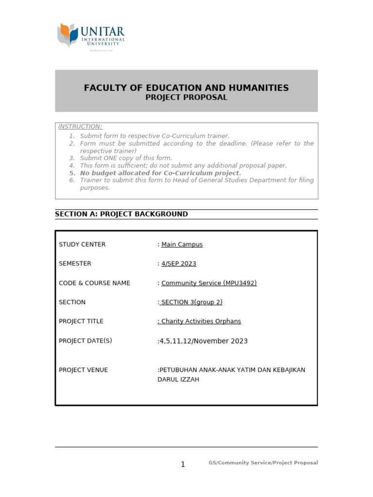 Faculty of Education and Humanities: Project Proposal | PDF