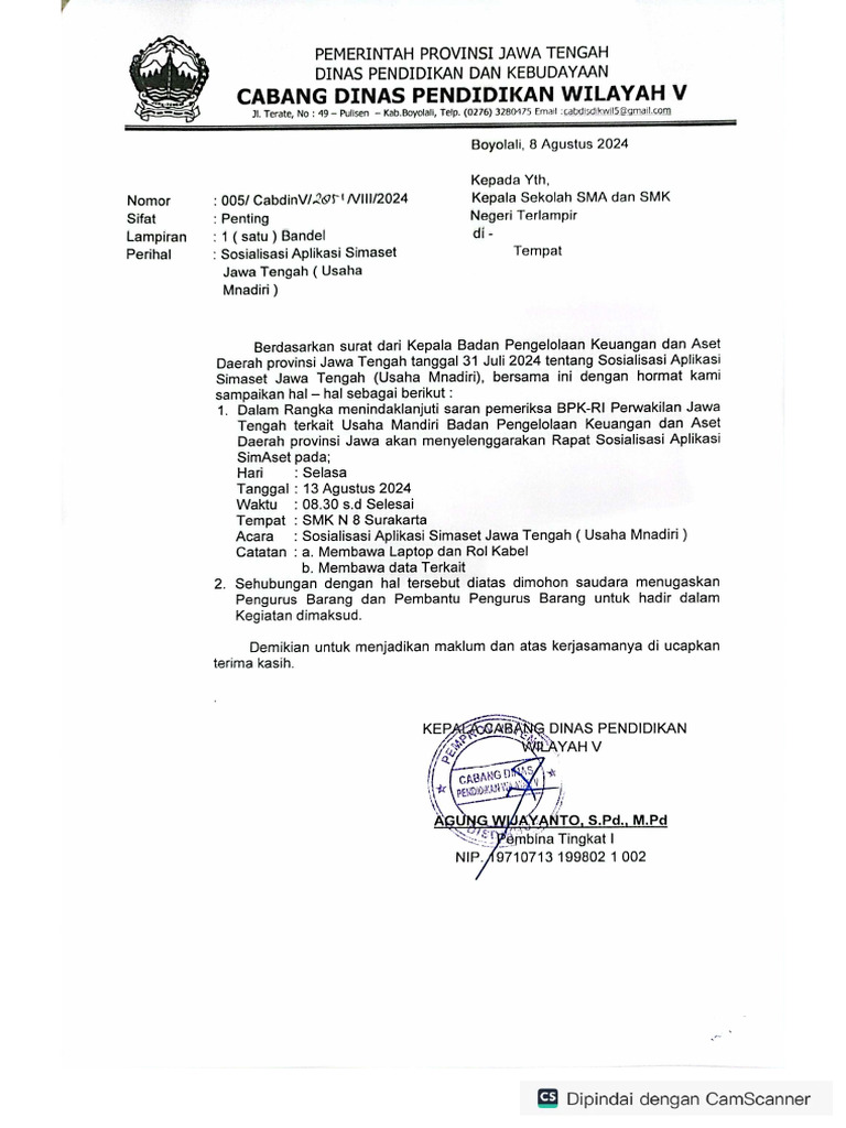 Undangan Sosialisasi Aset Usman Di SMK 8 Solo | PDF