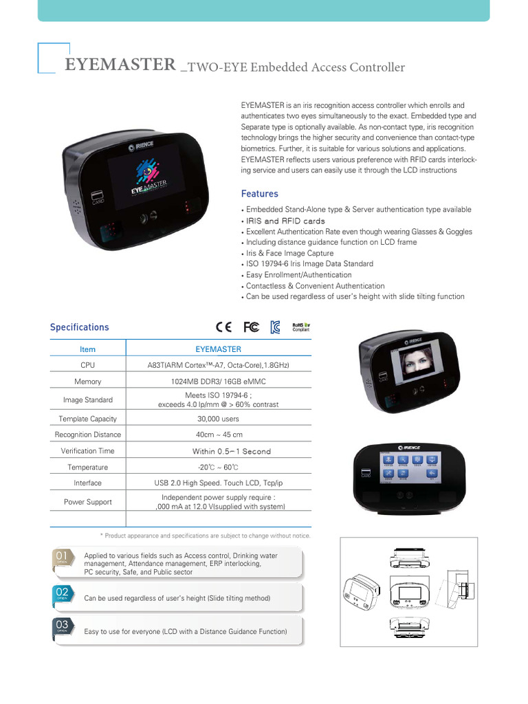 Brochure for Eyemaster (Two-eye IRIS Recognition Access Controller) | PDF