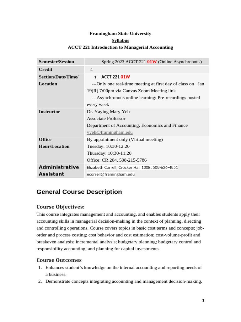 2023 Spring Syllabus Introduction To Managerial Accounting | PDF