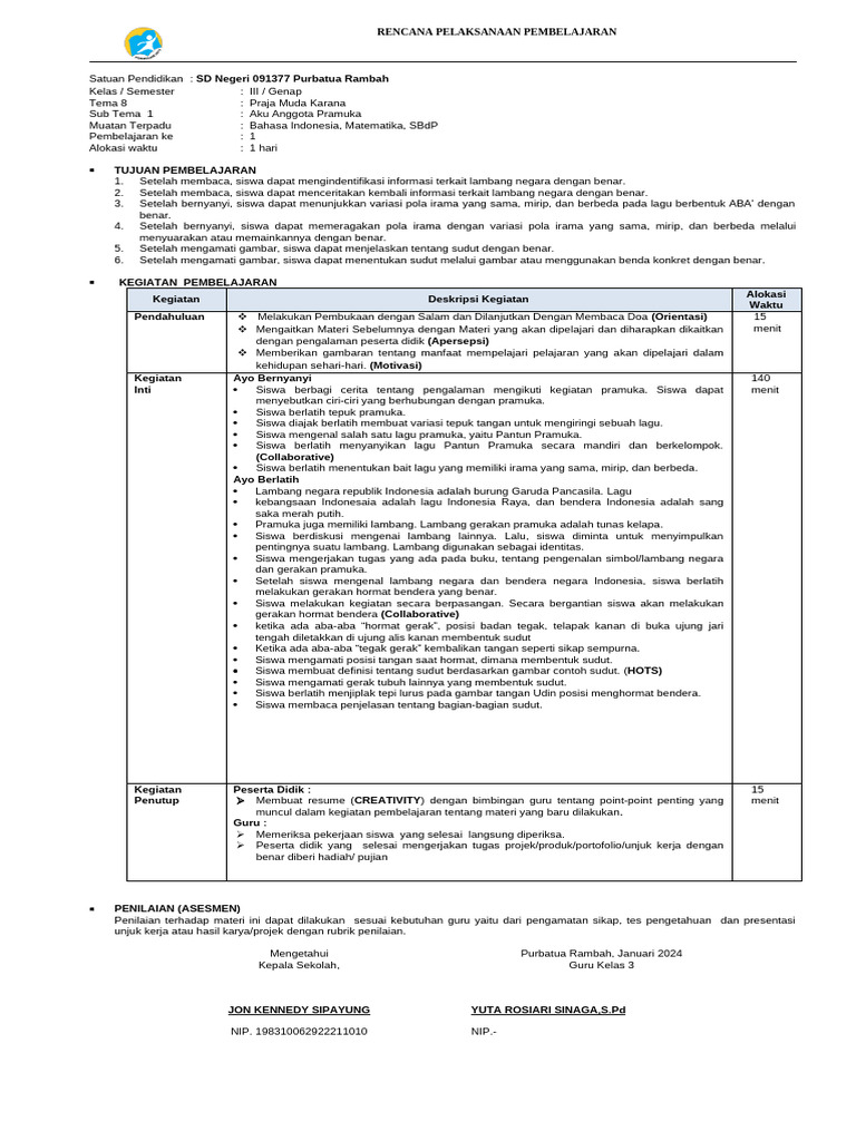 RPP 1 Lembar Kelas 3 Tema 8 Fix | PDF