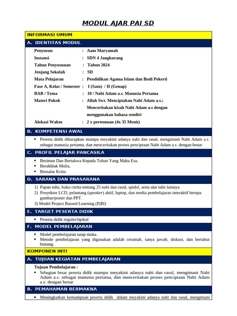 Modul Ajar Pai SD Nabi Adam A.S. - PJBL 1 | PDF