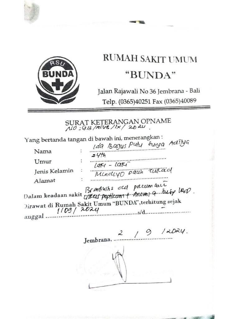 Surat Keterangan Opname Gus Surya | PDF