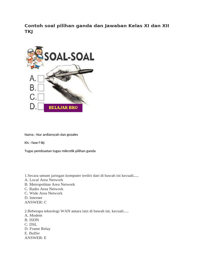 Contoh Soal Pilihan Ganda Dan Jawaban Kelas XI Dan XII TKJ | PDF