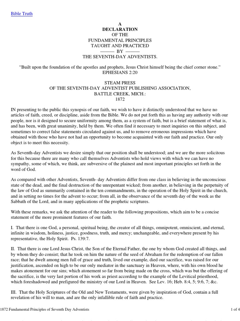 28 Fundamental Principles of Seventh-Day Adventists (Pure From 1872 ...