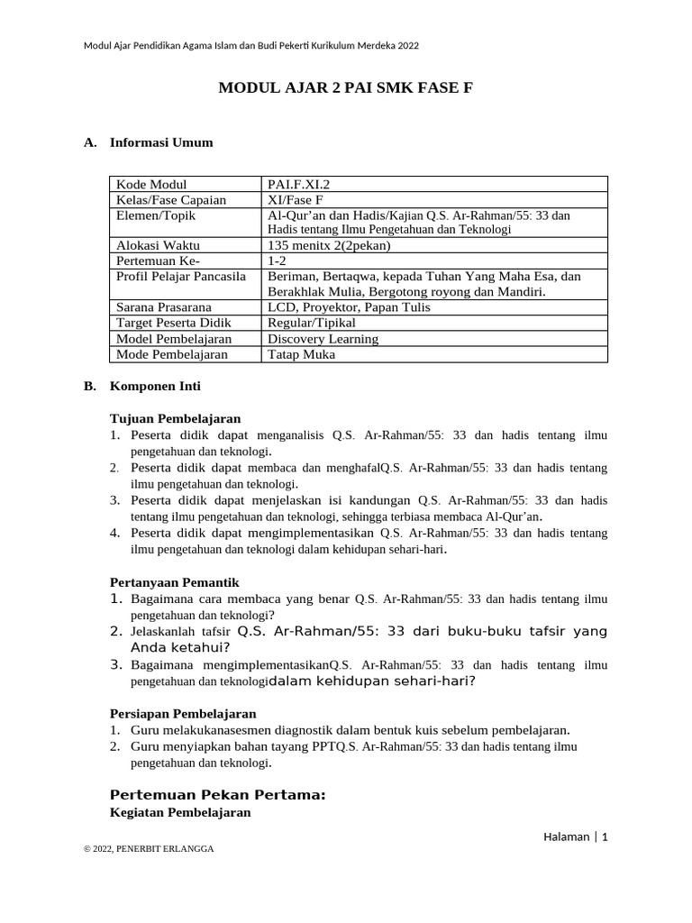 Modul Ajar 2 Pai SMK Kelas Xi Bab 2 - Oke | PDF